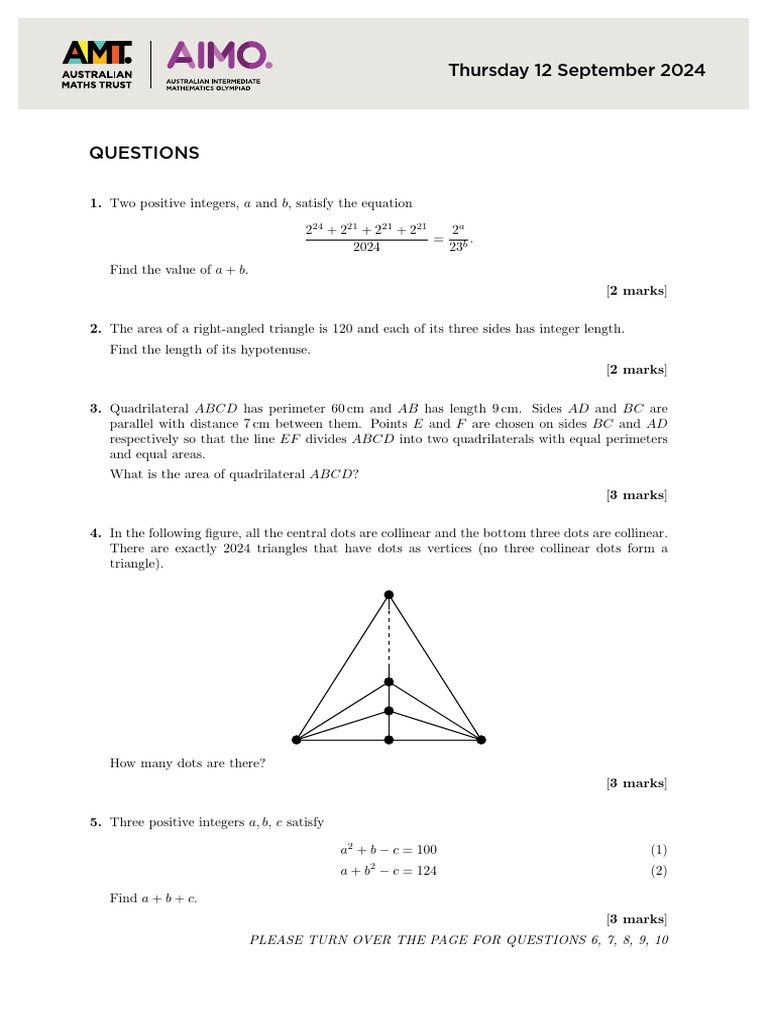 2024 Australian Intermediate Math Olympiad | PDF | Area | Elementary ...