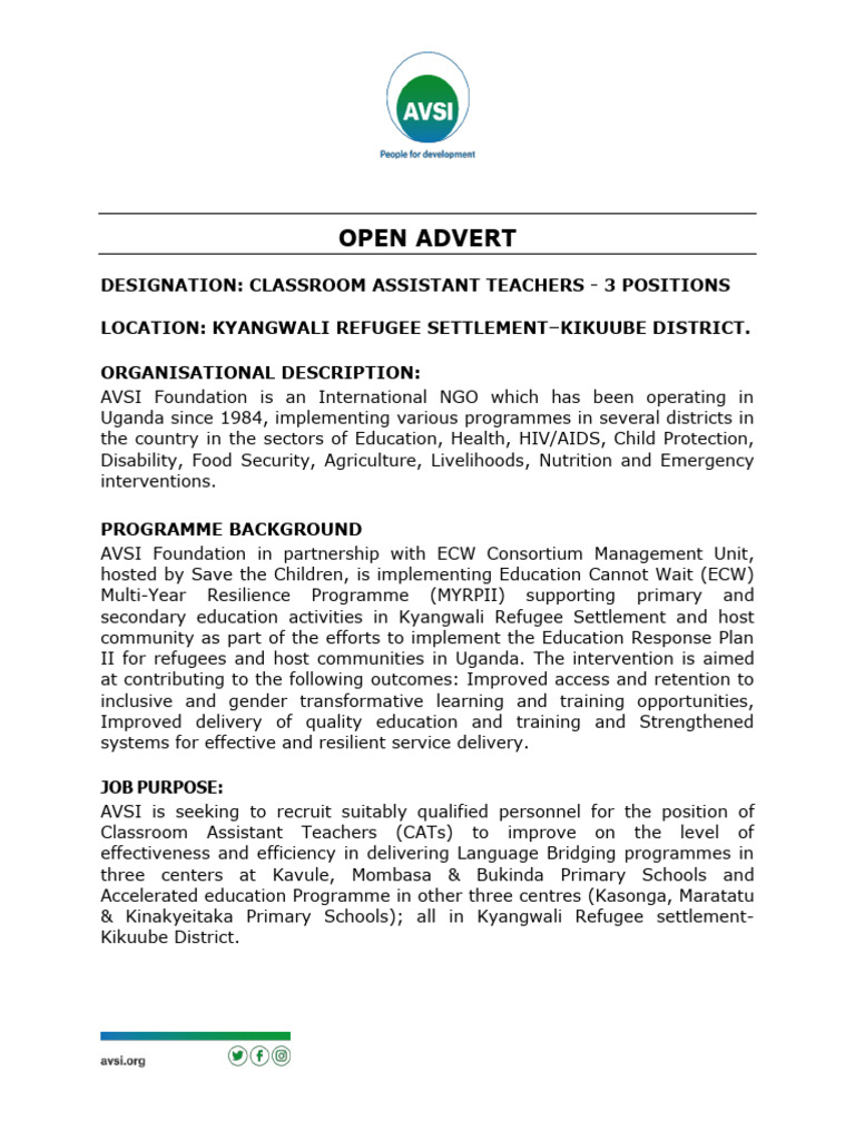 AVSI Job Advert For Classroom Assitant Teacher - ECW - Kyangwali | PDF ...