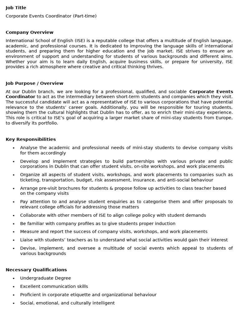 Part-time Corporate Events Coordinator | PDF | Social Psychology | Business