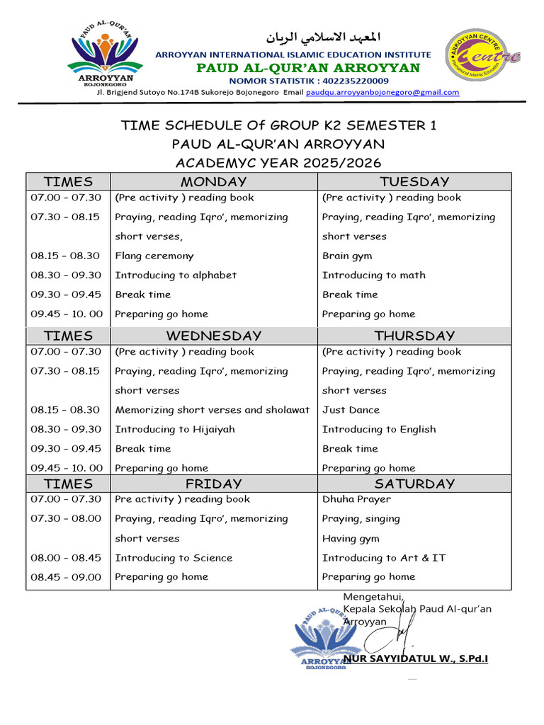 Jadwal Pelajaran K2 | PDF