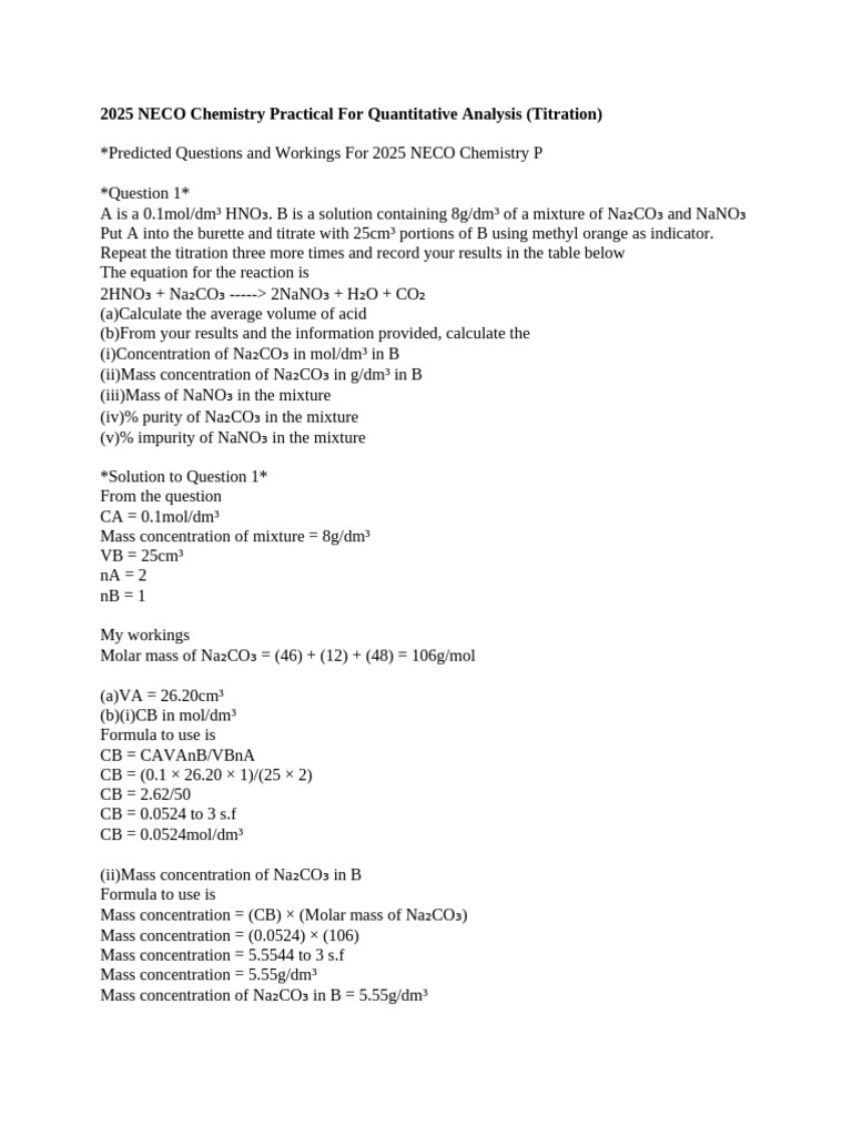 2025 NECO Chemistry Practical For Quantitative Analysis | PDF | Concentration | Titration