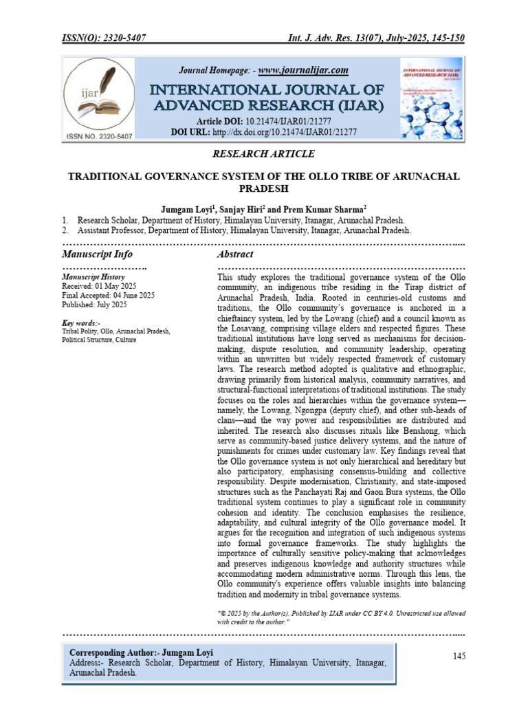 Traditional Governance System of The Ollo Tribe of Arunachal Pradesh ...