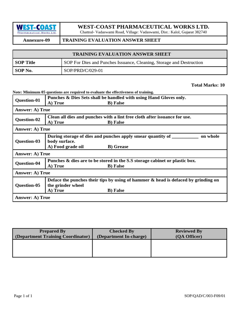Annexure-09 - Training Evaluation Answer Sheet | PDF