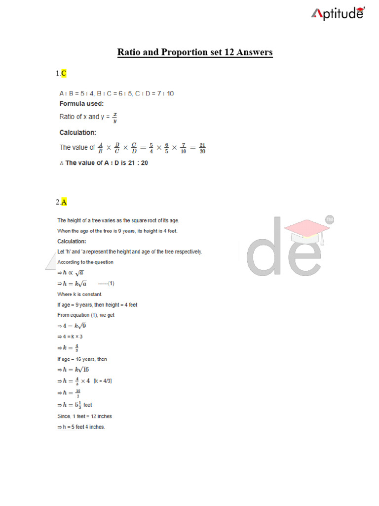 Ratio and Proportion Set 12 Answers | PDF | Ratio | Mathematics
