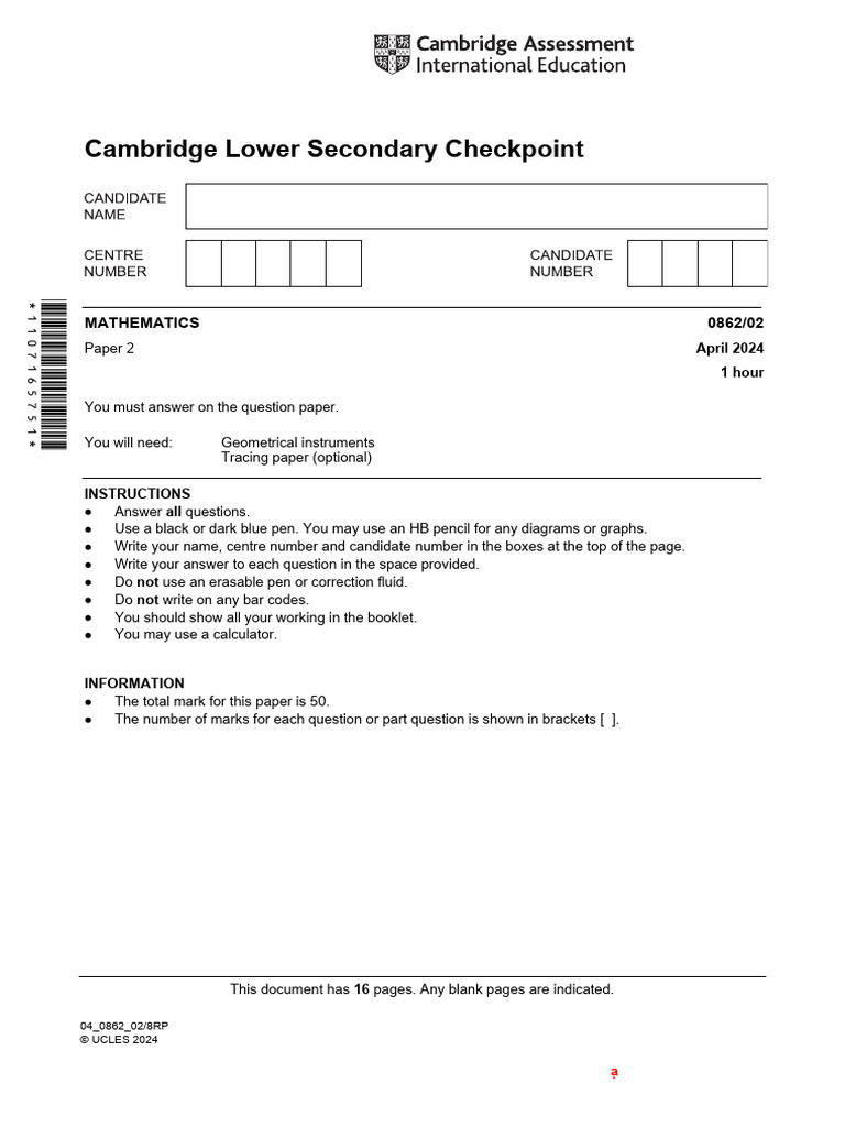 Đề Thi Secondary Checkpoint Math 2024 April Paper 2 | PDF | Triangle | Area