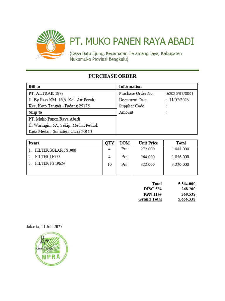 Pesanan Pembelian PT Altrak 1978 | PDF