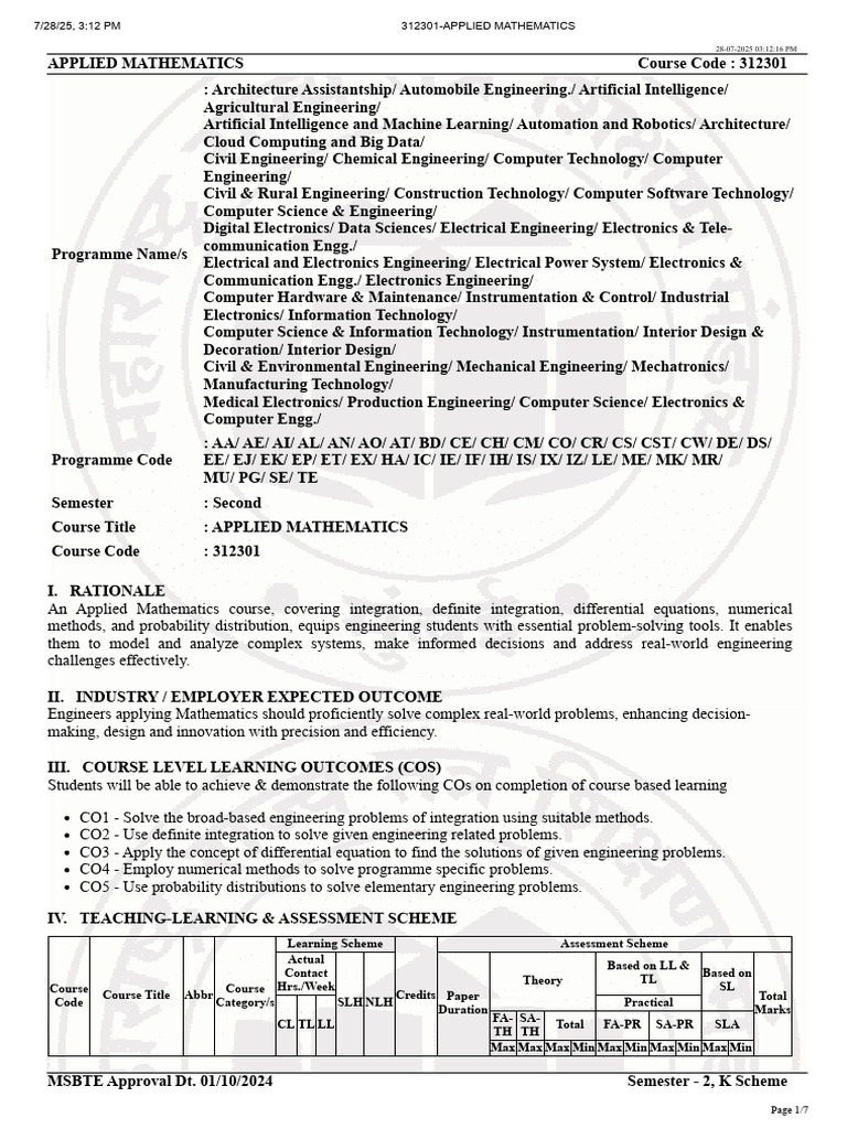 Applied Mathematics Course 312301 | PDF | Equations | Mathematics
