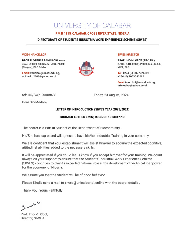 SIWES Introduction Letter 2023/2024 | PDF