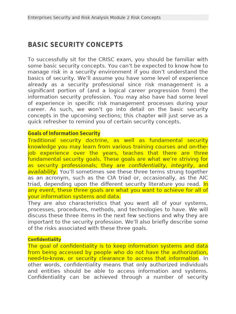 CHAPTER 2 Risk Concepts Core | PDF | Risk | Information Security