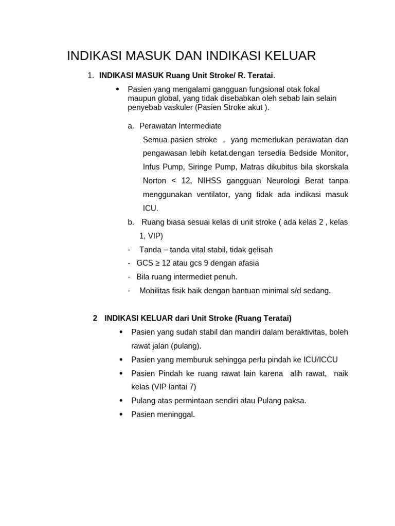 Indikasi Keluar Dan Masuk Unit Stroke | PDF