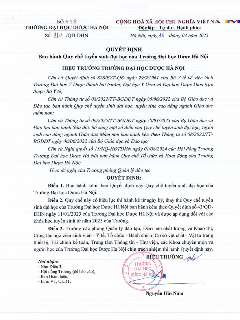 341 QĐ-DHN Ban Hành Quy Chế Tuyển Sinh Đại Học Của Trường Đại Học Dược ...