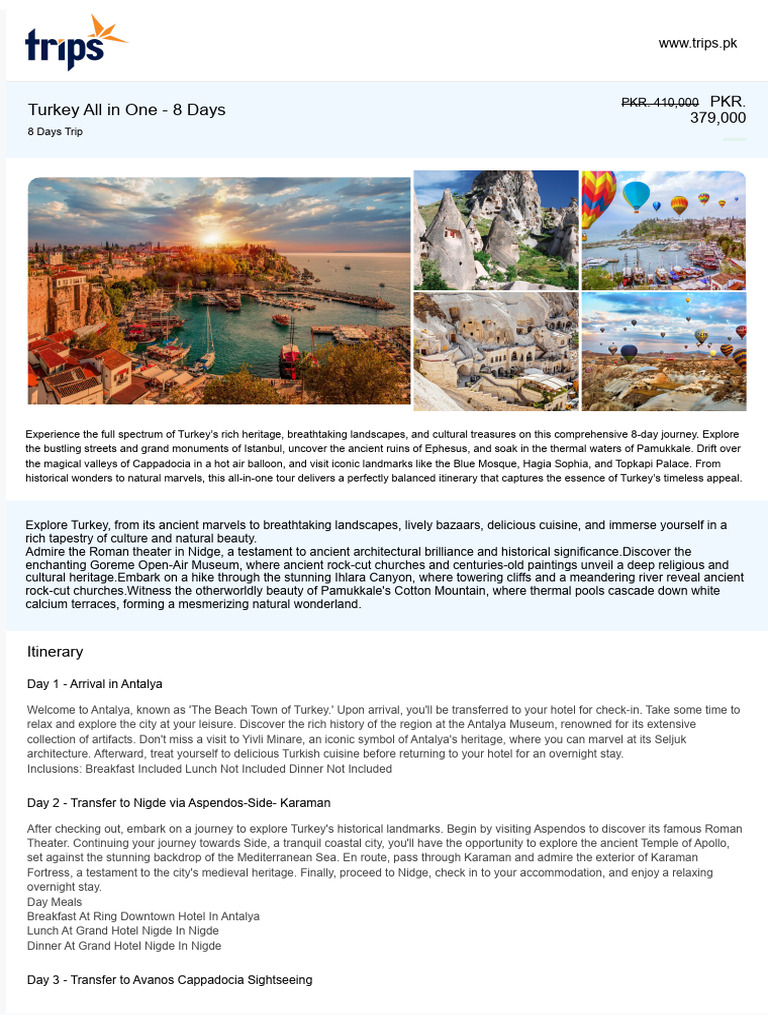 8-Day Turkey Heritage Tour Package | PDF | Turkey | Meal