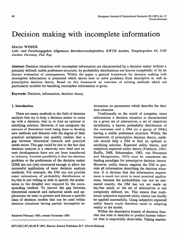 Incomplete Information Decision Making | PDF | Utility | Decision Theory
