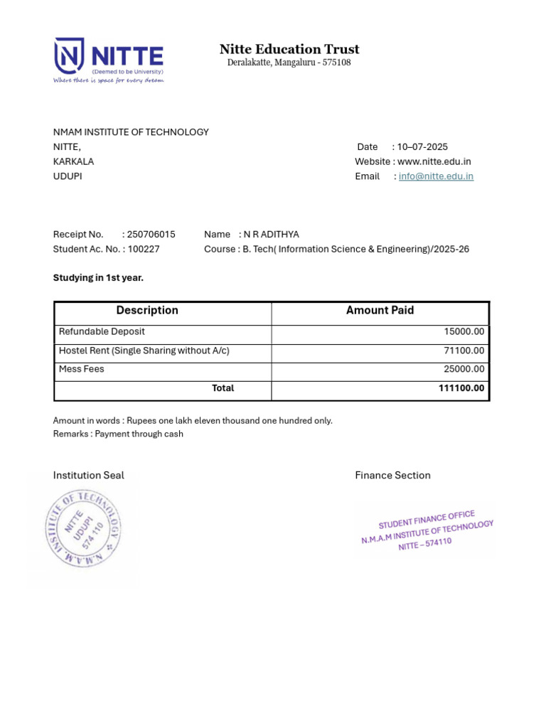 Nitte Hostel Fees | PDF
