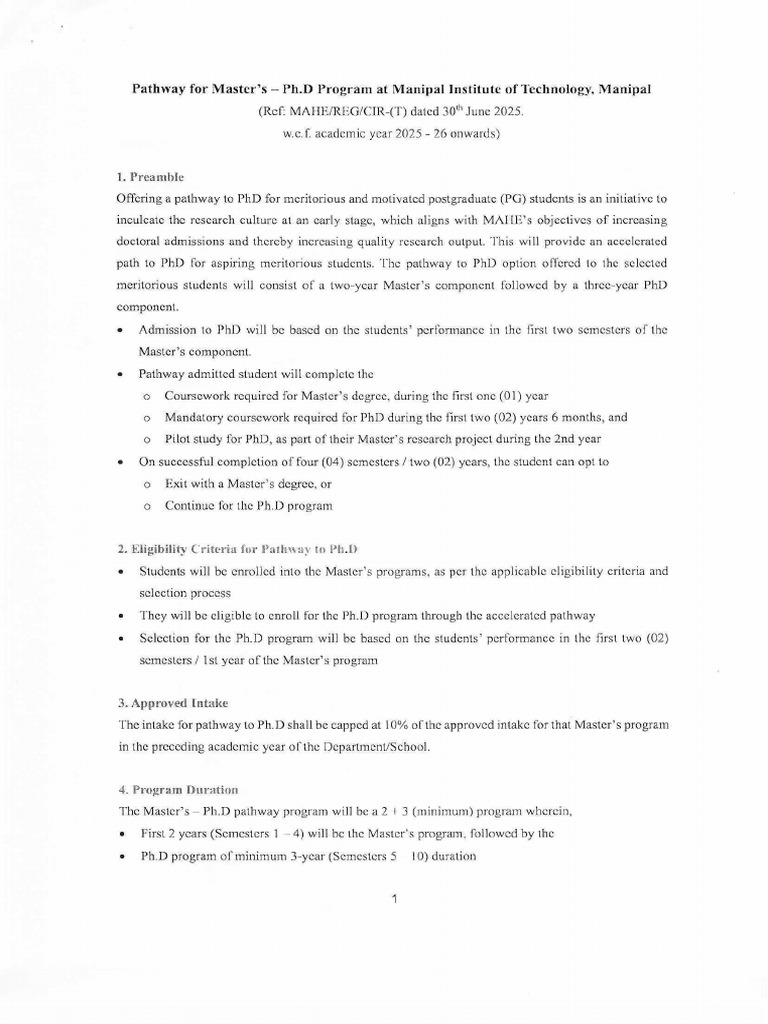 Pathway For Master's - PH.D Program at MIT, Manipal | PDF
