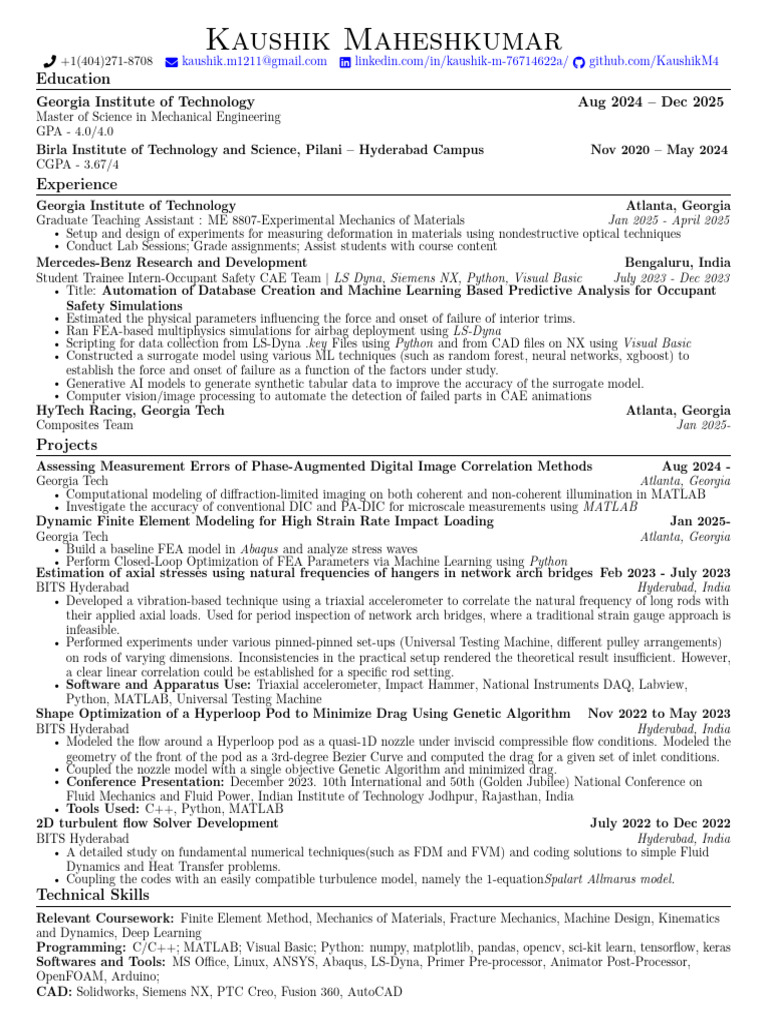 Kaushik Resume CAE Structural FEA Mechanics Materials | PDF | Finite Element Method | Simulation