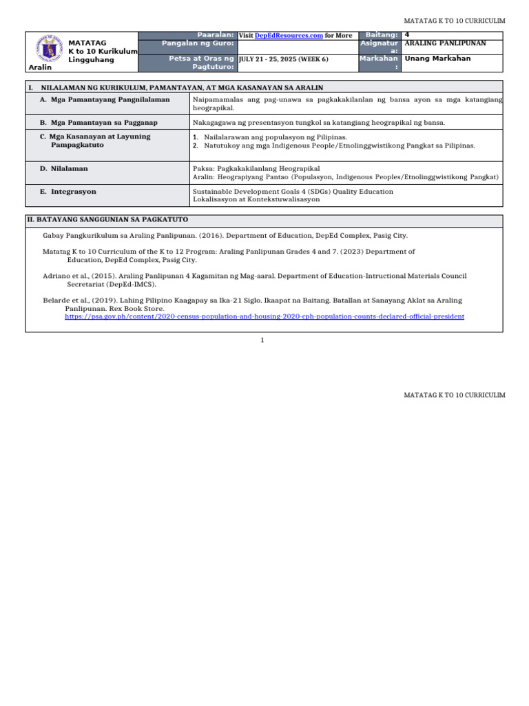 DLL Matatag - Araling Panlipunan 4 q1 w6 | PDF