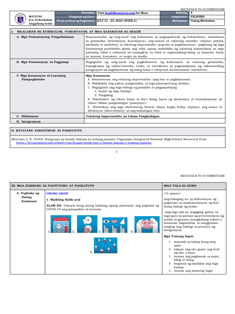 DLL Matatag - Filipino 4 q1 w6 | PDF