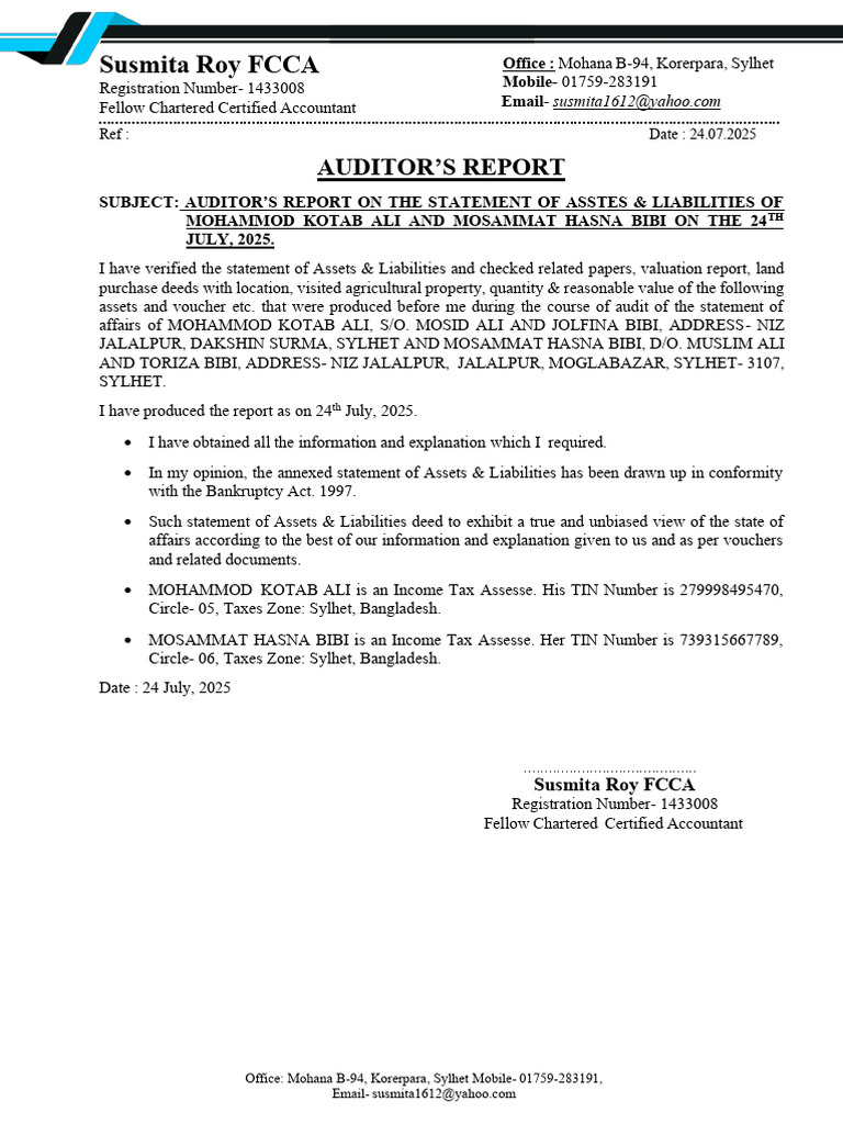 Susmita Roy Audit Report | PDF | Auditor's Report | Audit
