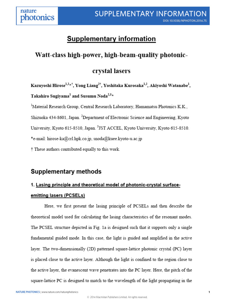 Supplementary Information Watt-Class High-Power, High-Beam-Quality Photoniccrystal Lasers | PDF ...