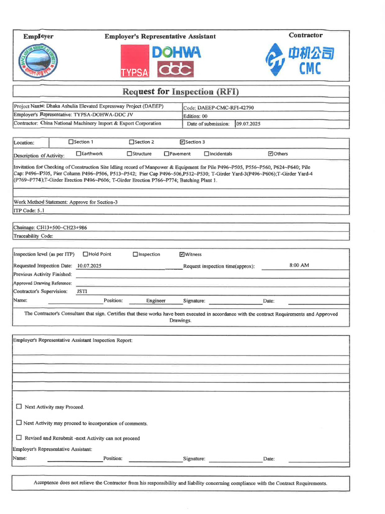 Construction Site Idling Record of Manpower & Equipment For Section-3 | PDF