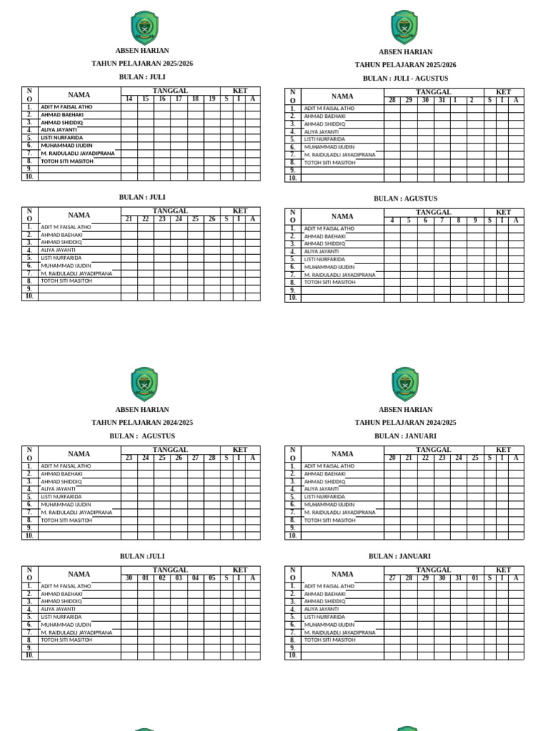 Absen Harian Siswa II 2025 | PDF