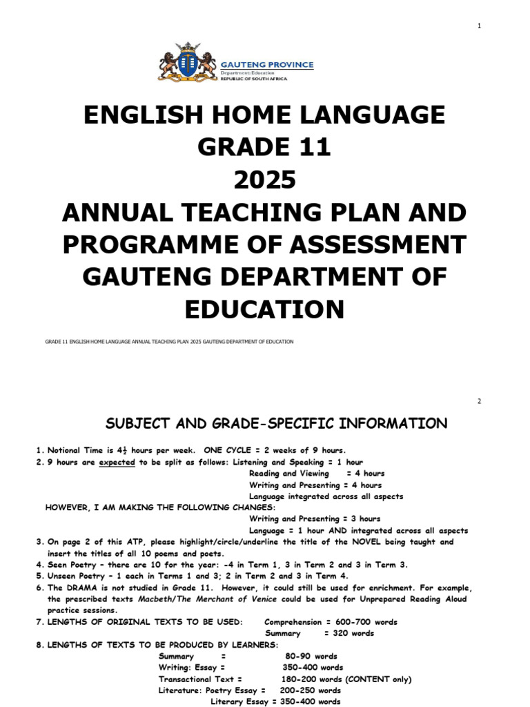 Grade 11 - English HL - Annual Teaching Plan - 2025 GP | PDF | Reading ...