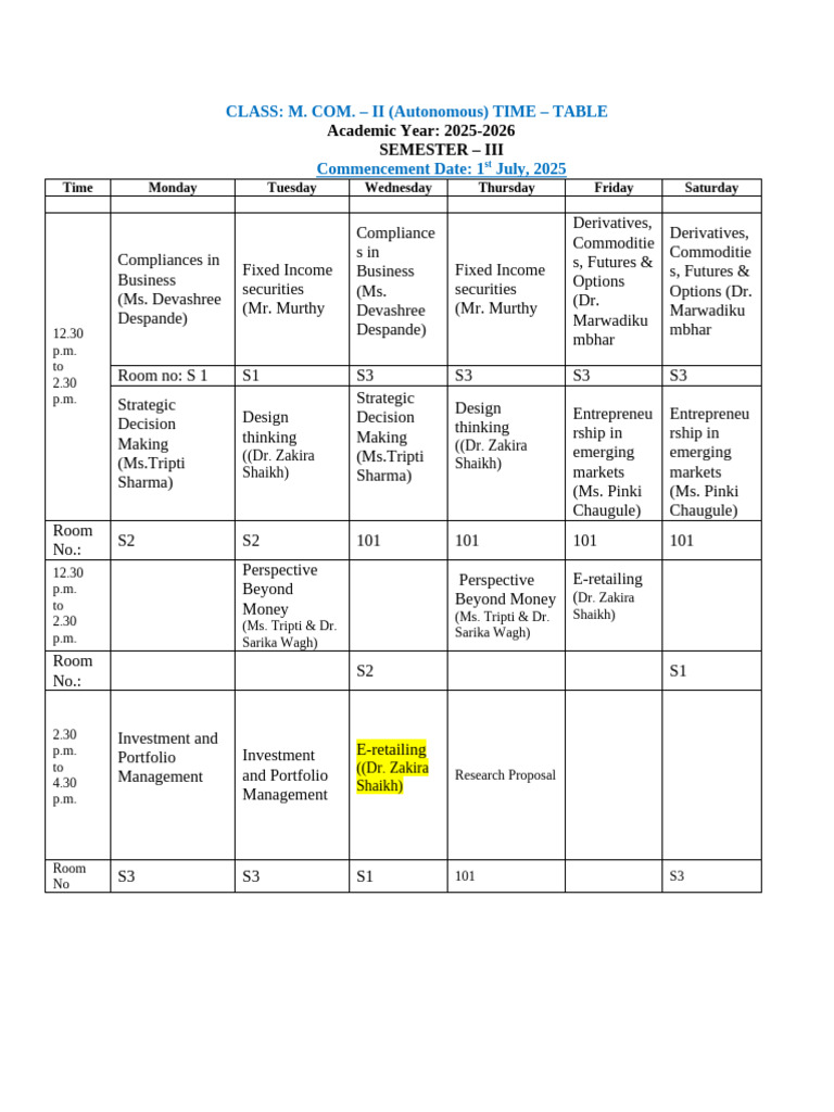 Timetable Sem 3 | PDF