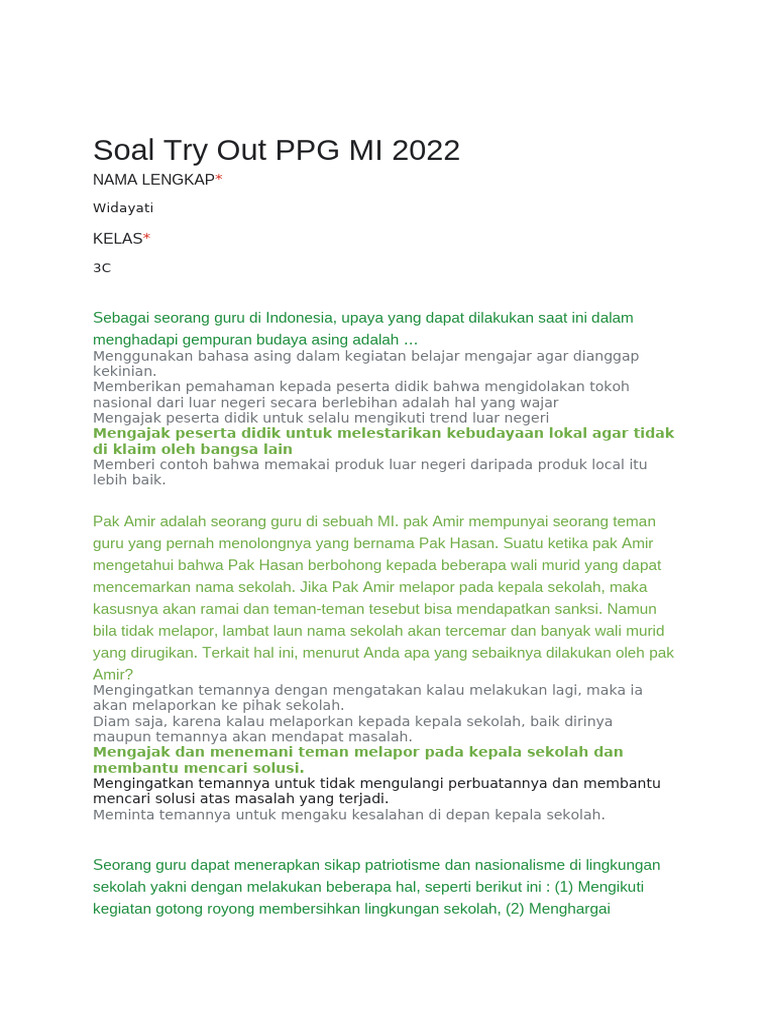 Soal Try Out PPG MI 2022 untuk Guru | PDF