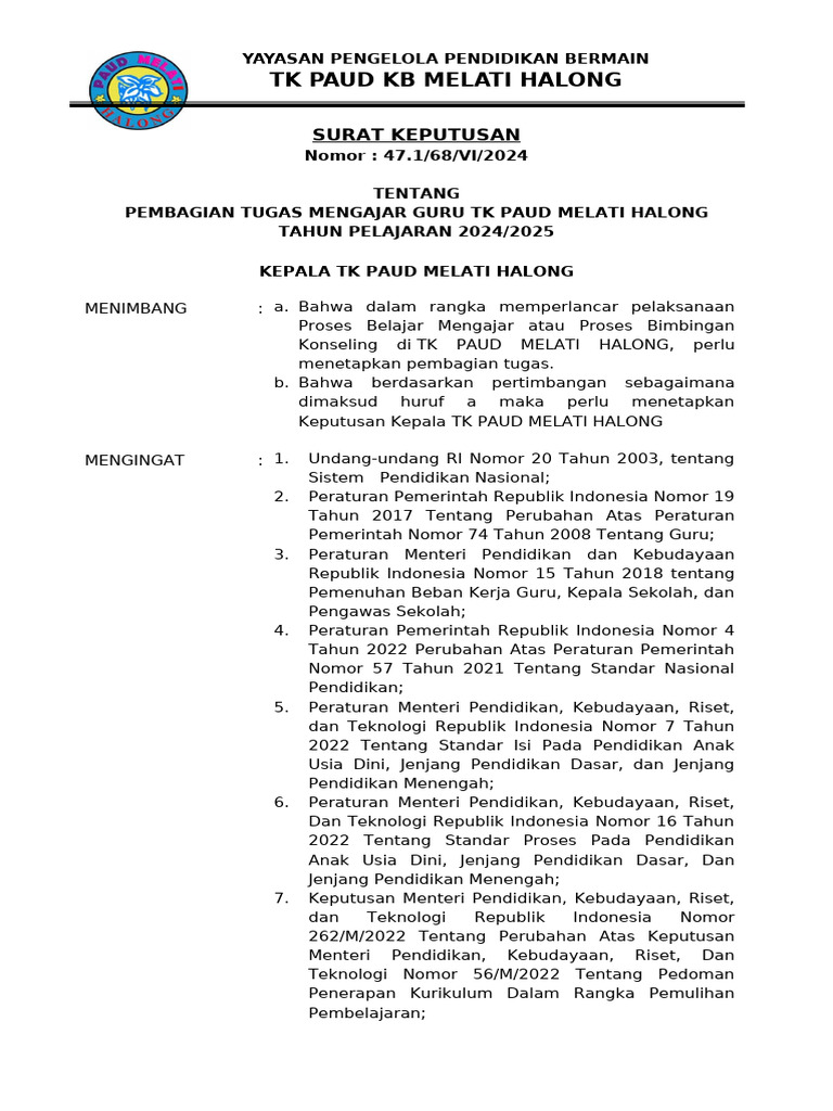 SK Pembagian Tugas Mengajar PAUD Kurikulum Merdeka | PDF