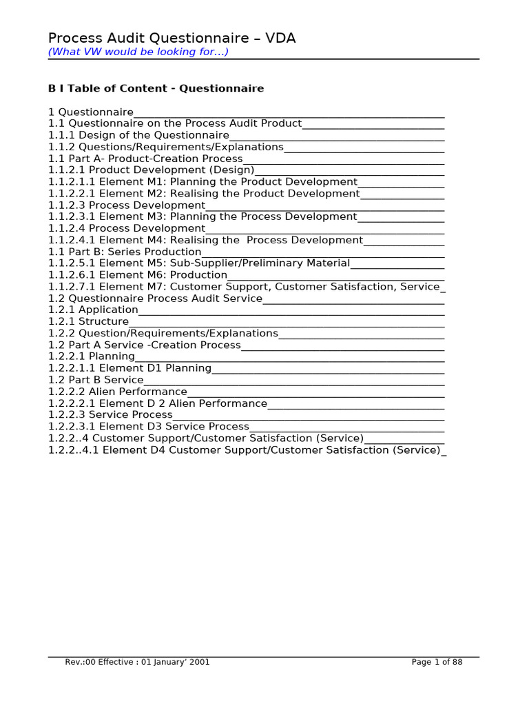 VDA Process Audit Questionnaire Guide | PDF | Logistics | Prototype