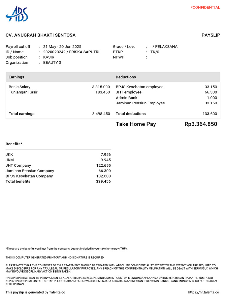 Payslip Cv. Anugrah Bhakti Sentosa 6 2025 Friska Saputri | PDF | Income | Income Distribution