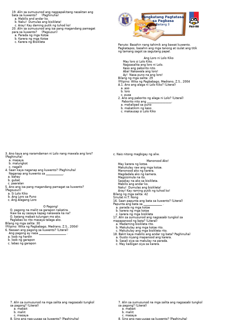 Filipino Phil IRI GST Booklet Grade 3 | PDF
