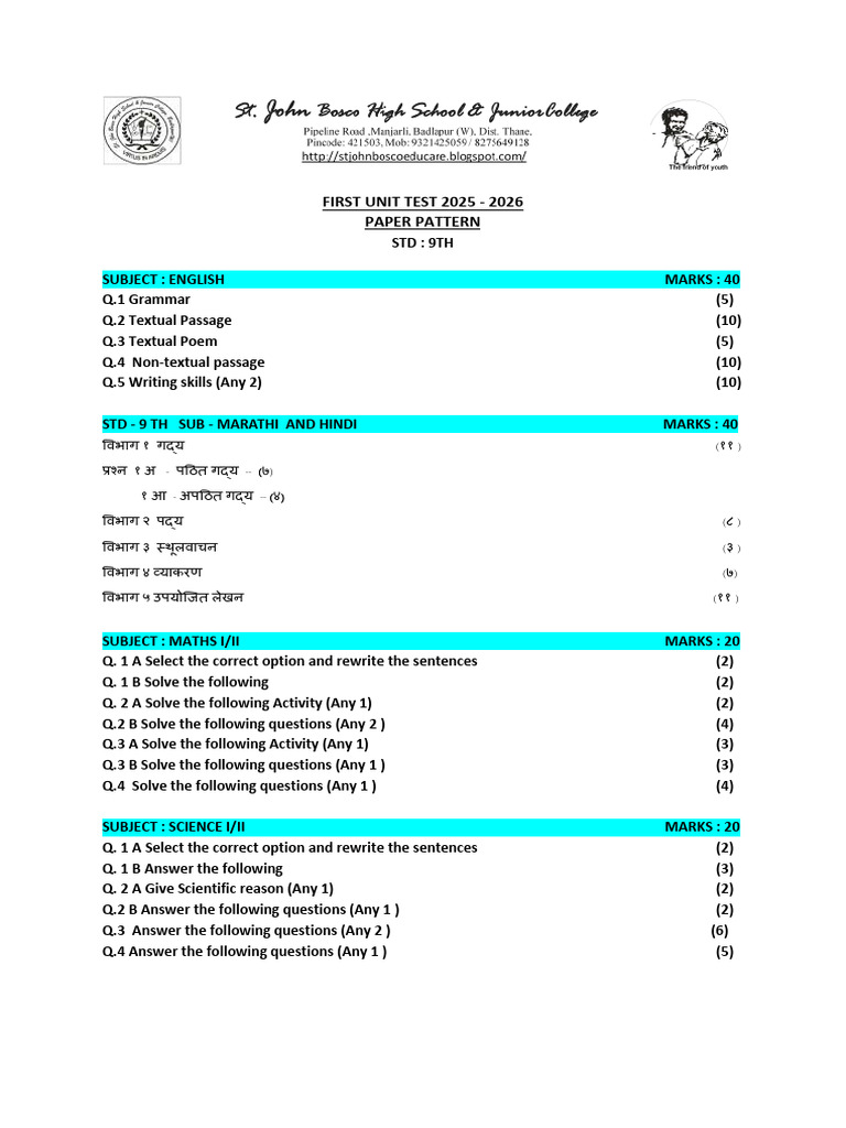 9th Class First Unit Test Paper 2025 | PDF