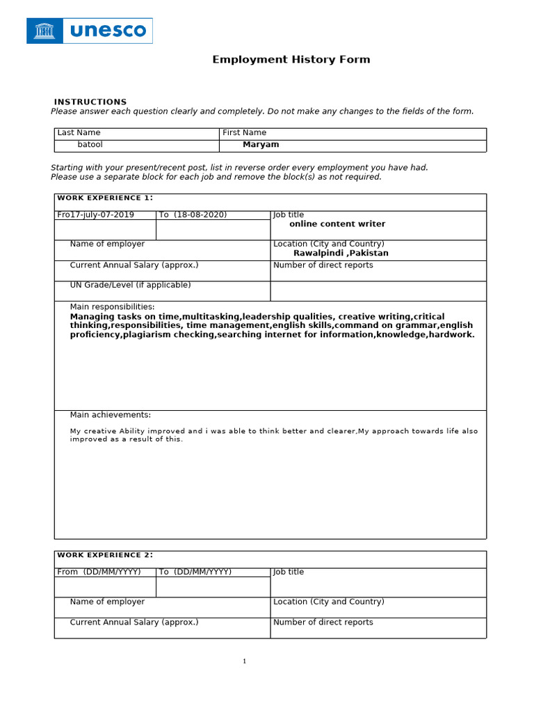 UNESCO Employment History Form | PDF | Intelligence | Human Communication