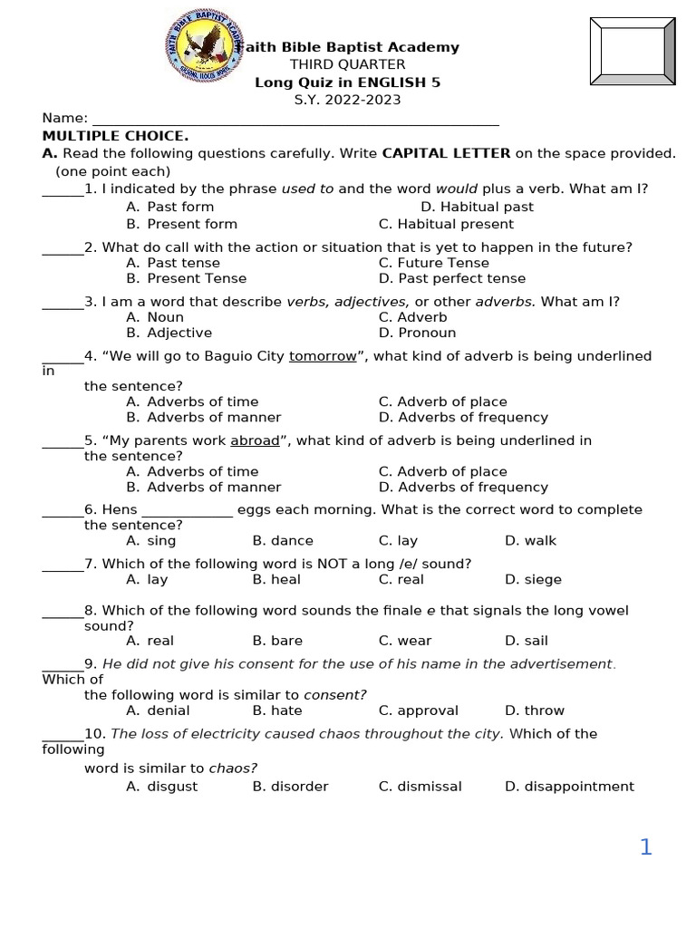 English 5 Long Quiz for Students | PDF | Adverb | Sleep
