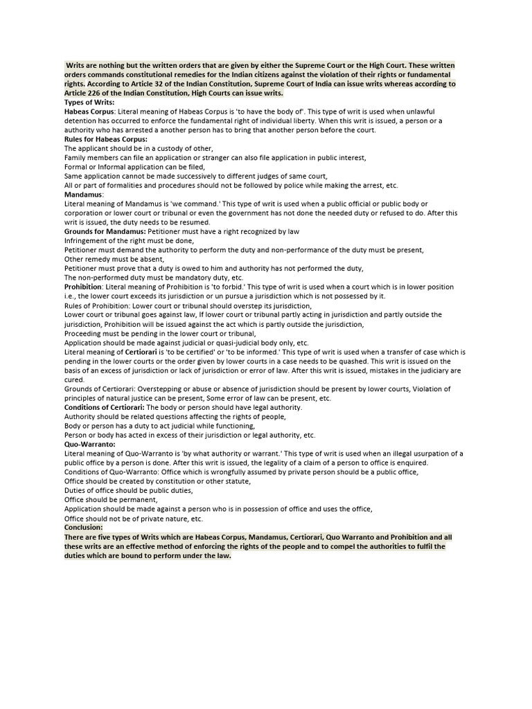 Types of Writs in Indian Law Explained | PDF | Habeas Corpus | Writ Of ...