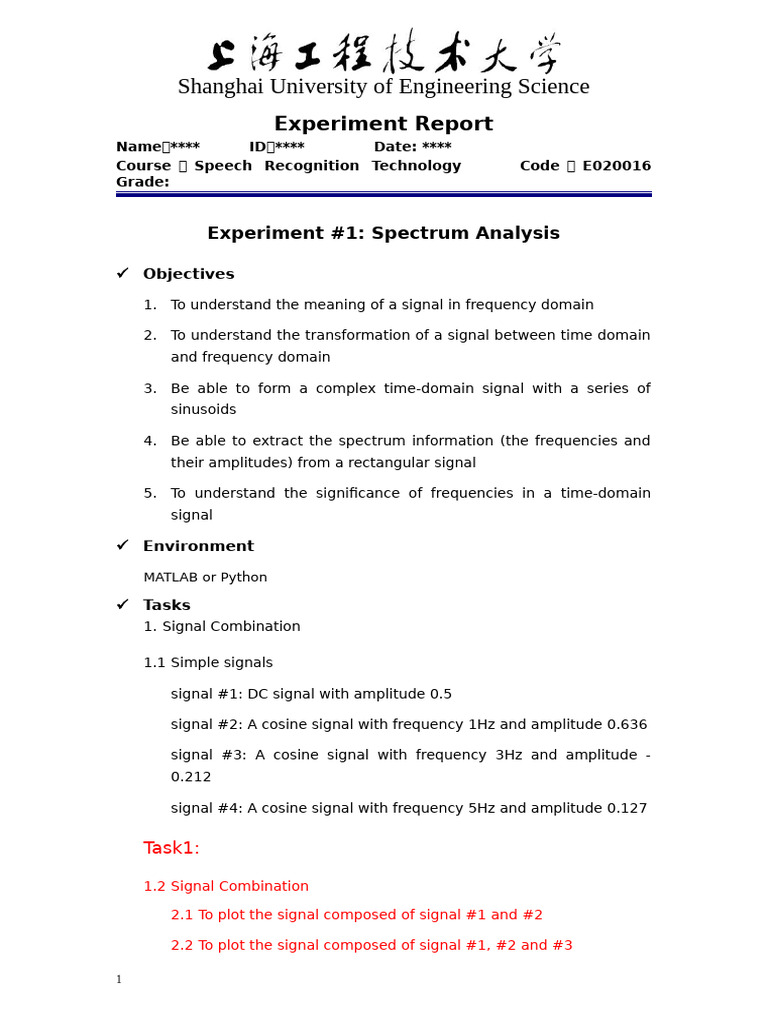 ASR Experiment Report #1 | PDF | Sine Wave | Telecommunications Engineering