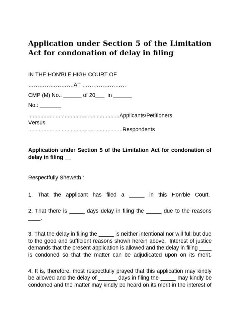 Application Under Section 5 of The Limitation Act For Condonation of Delay in Filing | PDF ...
