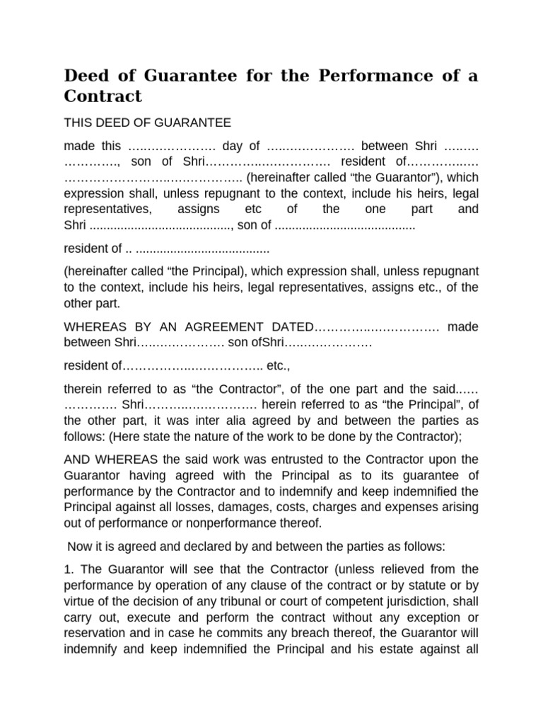 Deed of Guarantee For The Performance of A Contract | PDF | Indemnity ...