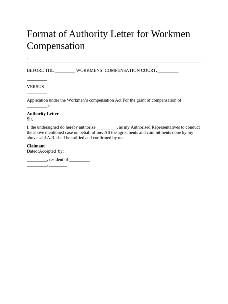 Format of Authority Letter For Workmen Compensation | PDF