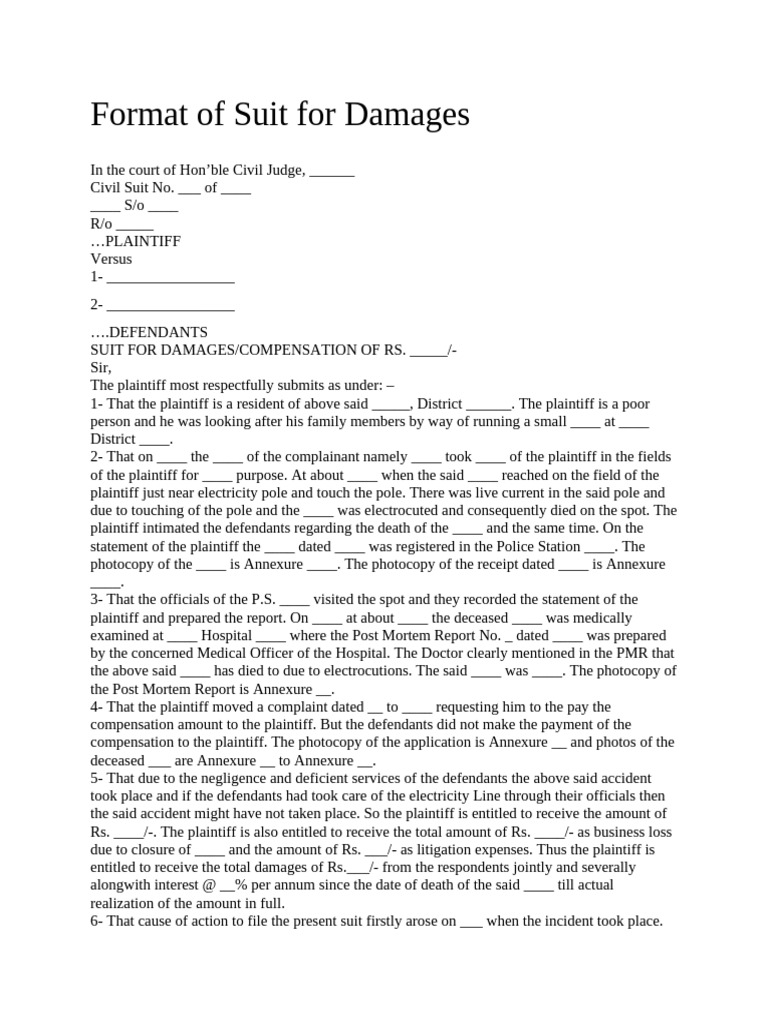 Format for Damages Suit Filing | PDF | Lawsuit | Judiciaries