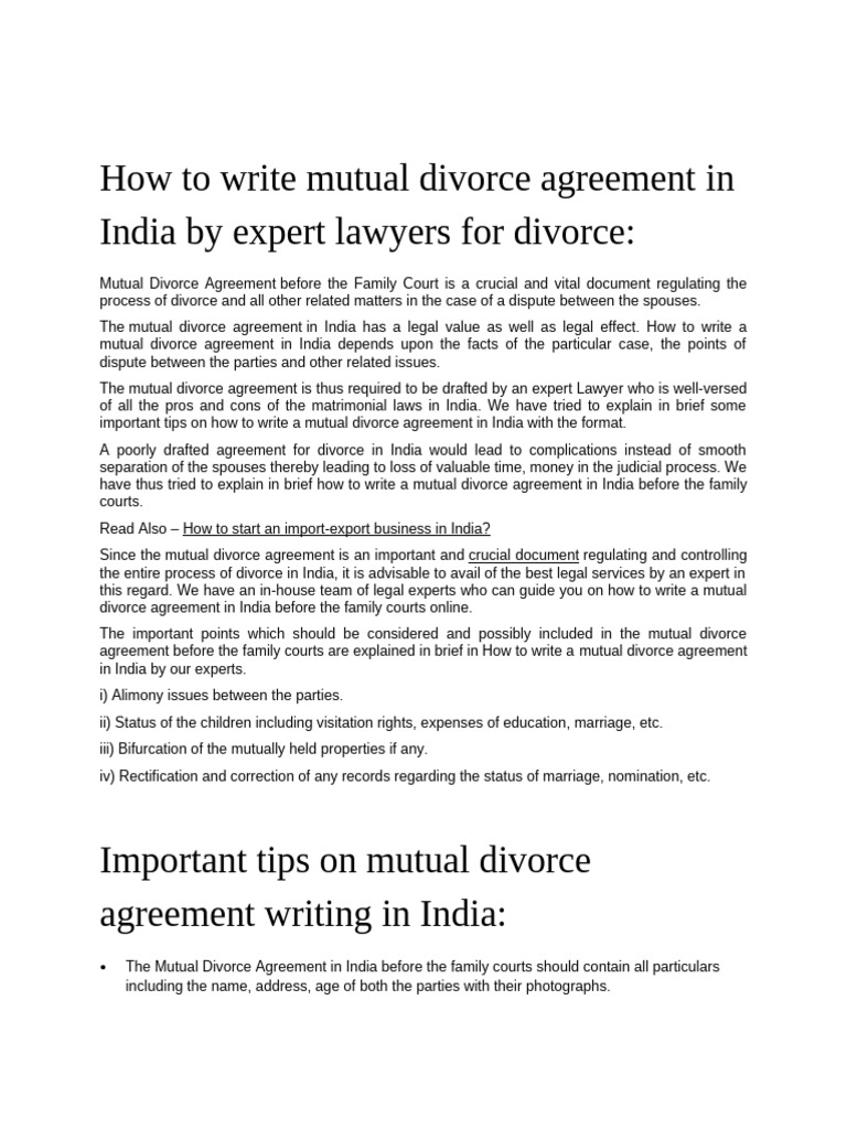 How To Write Mutual Divorce Agreement in India by Expert Lawyers For ...