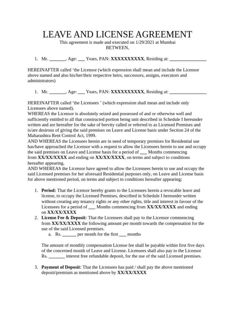 Leave and License Agreement Template | PDF | License | Landlord