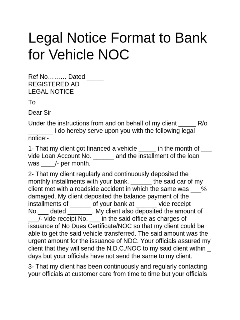 Legal Notice Format To Bank For Vehicle NOC | PDF | Business | Private Law