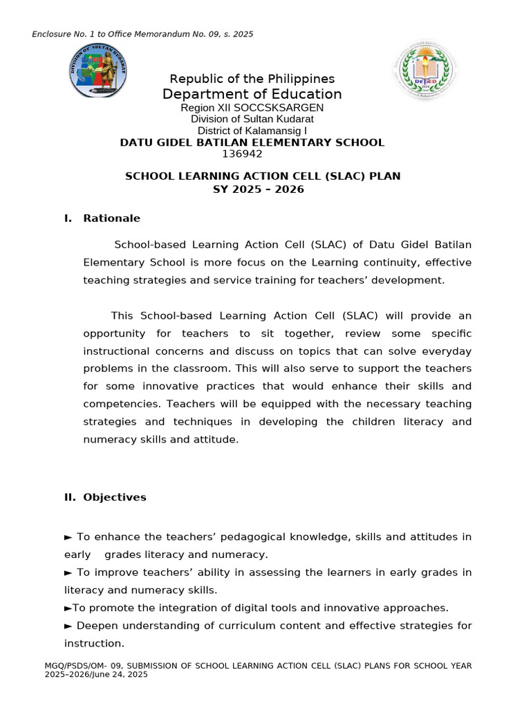 Datu Gidel Slac Plan Sy 25-26 | PDF | Educational Assessment | Learning
