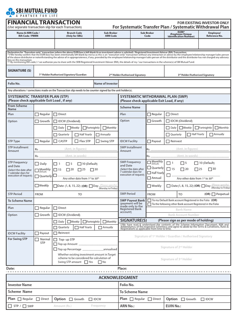 Editable SWP STP Transaction Slip | PDF | Exchange Traded Fund | Mutual ...