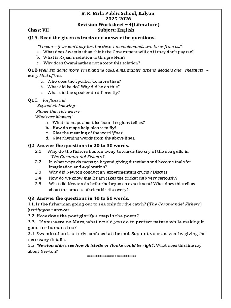 Class VII English Literature Revision Worksheet | PDF