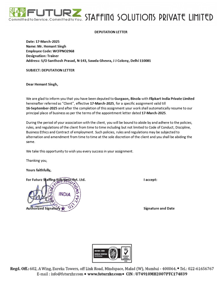 Deputation and Appointment Letter for Trainer | PDF | Employment | Justice