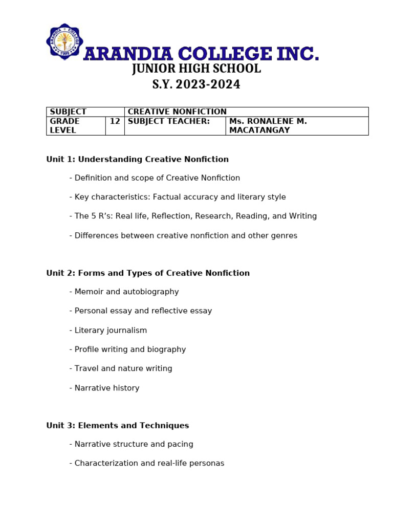 Creative NF - Topic Outline | PDF | Creative Nonfiction | Writing